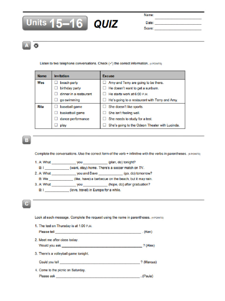 Grammar Teste Level 1 15-16 Units | PDF