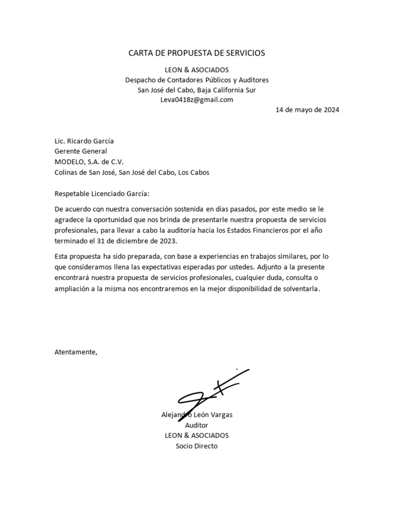 Carta de Propuesta de Servicios | PDF | Auditoría