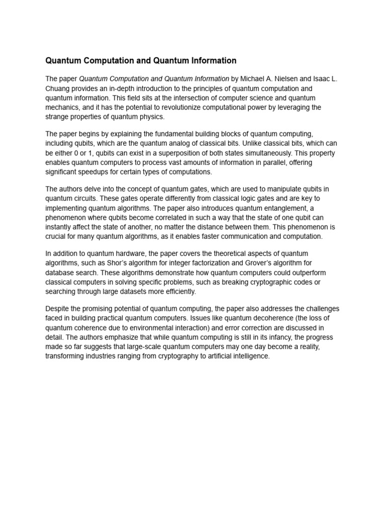 Quantum Computation and Quantum Information | PDF