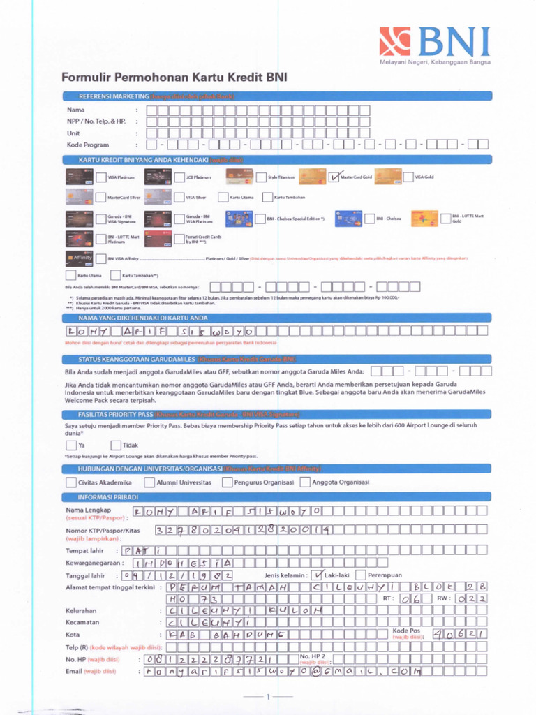 Form Pengajuan CC BNI | PDF