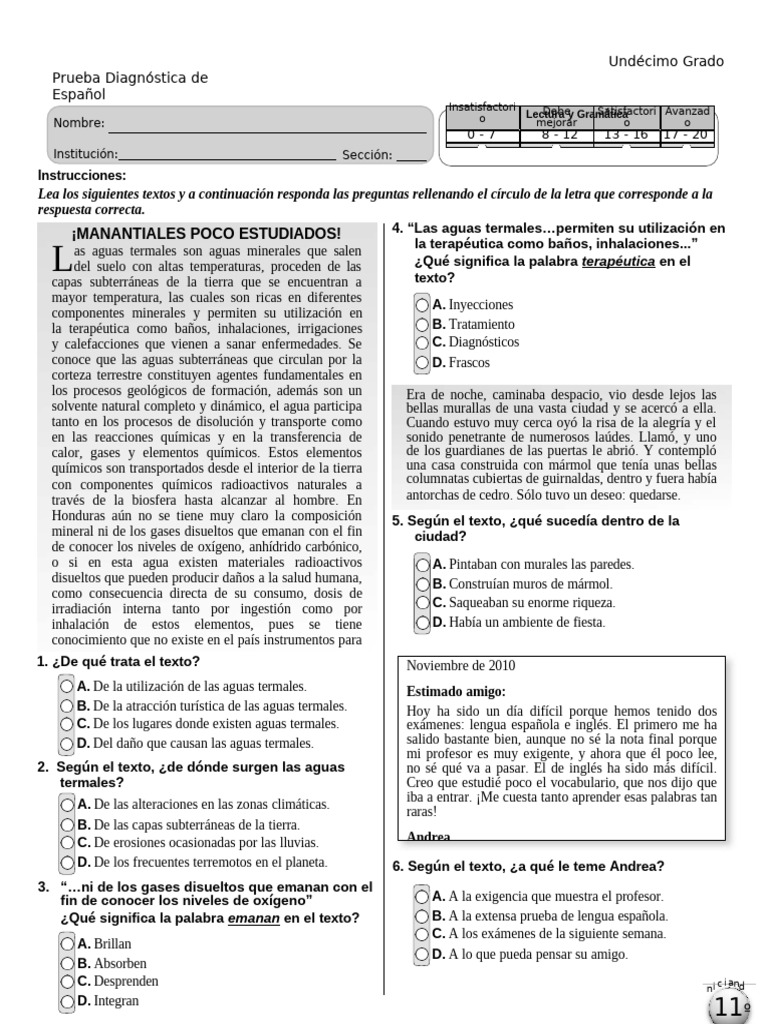 Prueba Diagnóstica 11º Español | PDF | Perros | Minerales