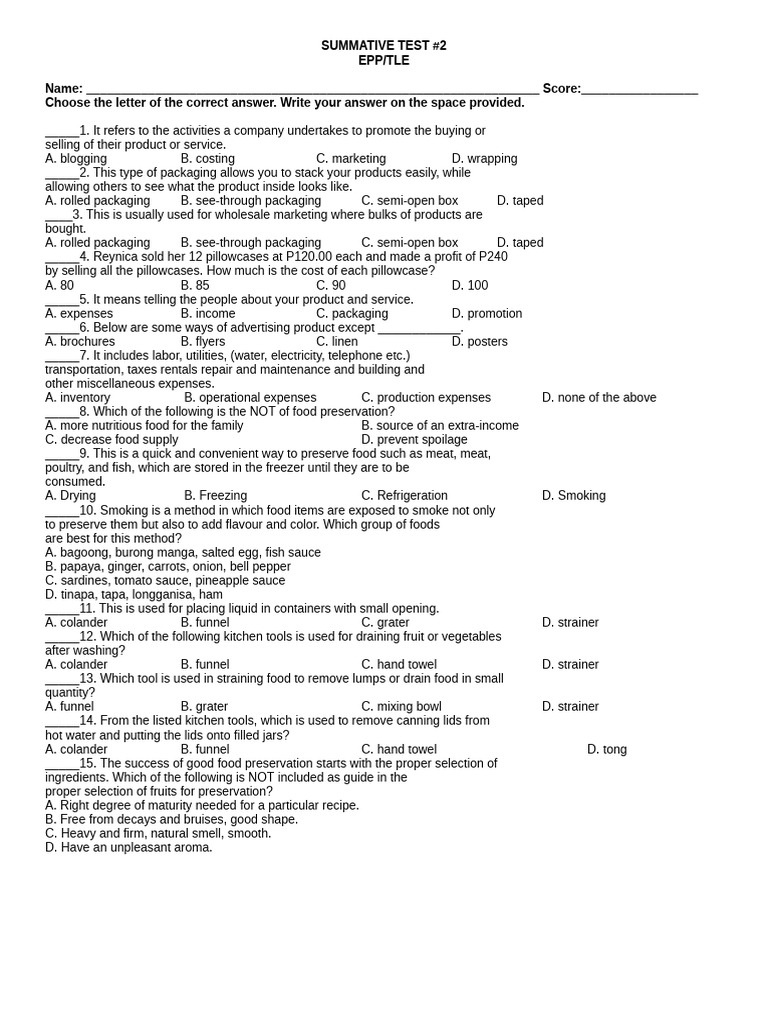 EPP/TLE Summative Test #2 Guide | PDF | Food Preservation | Smoking ...