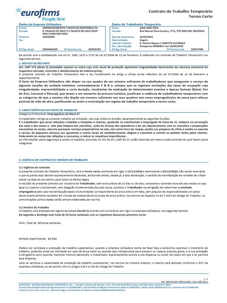 Contrato de Trabalho Temporário em Hotelaria | PDF | Seguro | Direito ...