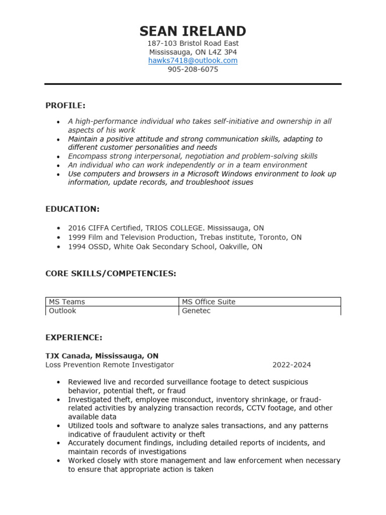 Sean Ireland Resume 2024 | PDF | Closed Circuit Television | Logistics