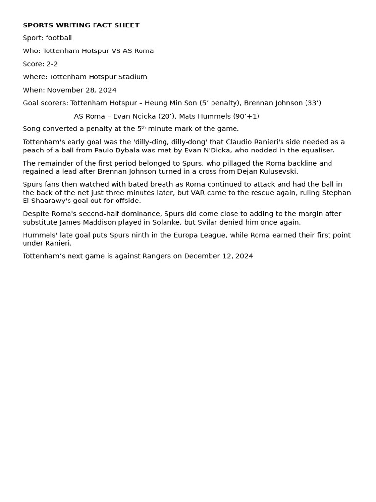 Sports Writing Fact Sheet | PDF