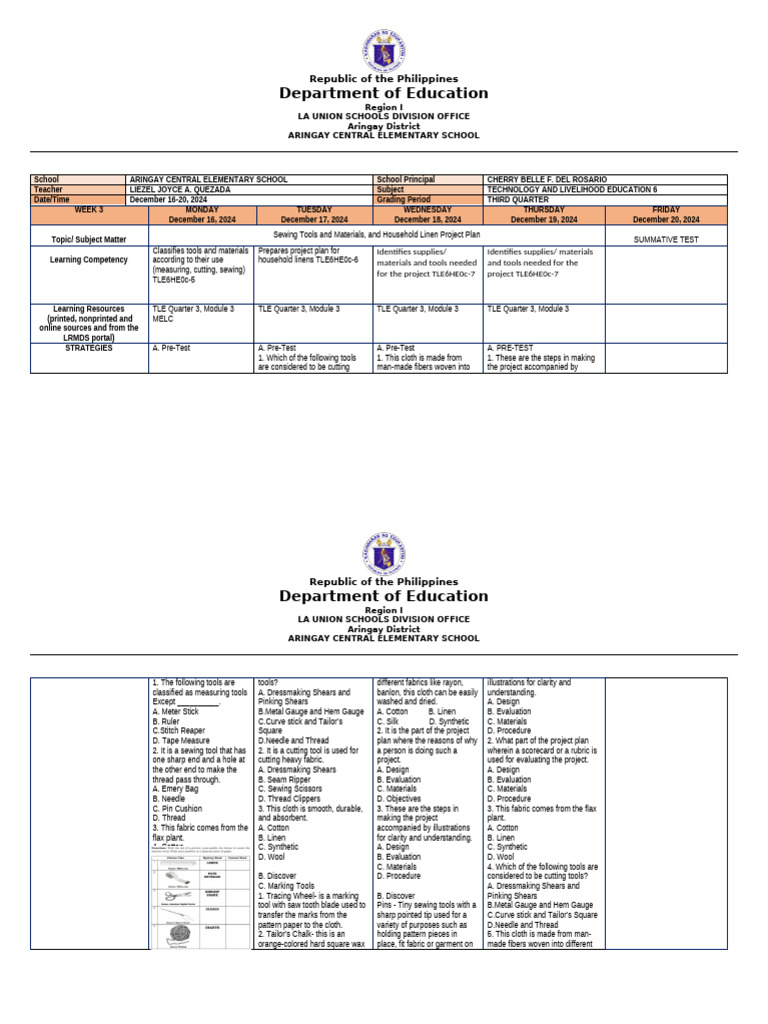 TLE6-QUARTER3-WEEK3 | PDF | Yarn | Sewing