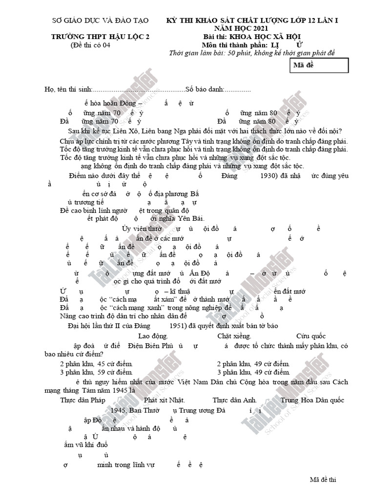De Thi Thu THPT Hau Loc Mon Lich Su 2022 | PDF