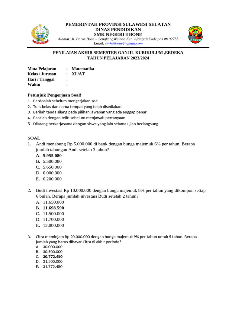 SOAL Dan JAWABAN SAS GANJIL KELAS XI KURMER 2024-2025 | PDF