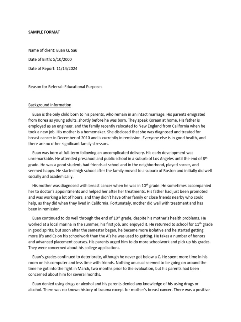 Psychological Report SAMPLE FORMAT | PDF | Major Depressive Disorder ...