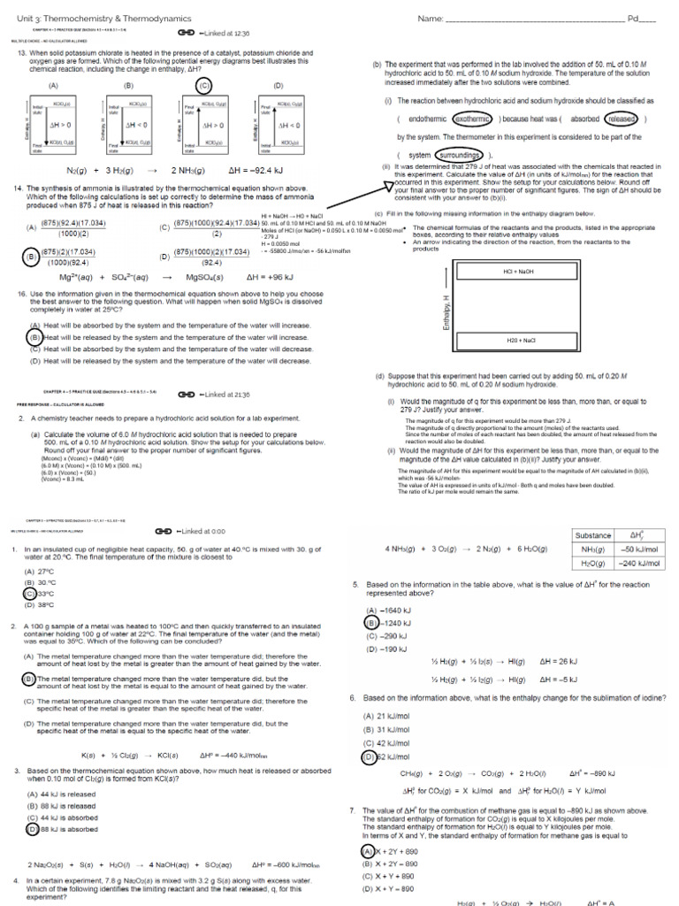 03 Unit 3 Thermo Practice Quiz MF Ch 4-6,19-1 | PDF | Mole (Unit) | Physical Chemistry