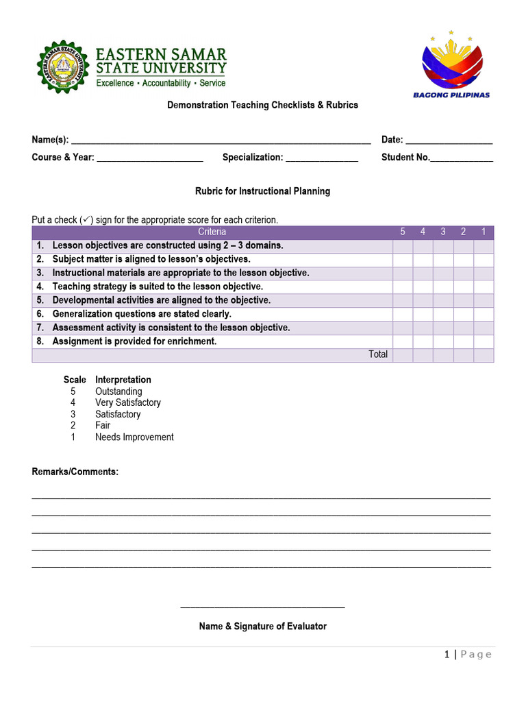 2024 Rubrics and COT - Demo Teaching - TOS | PDF | Lesson Plan | Educational Assessment