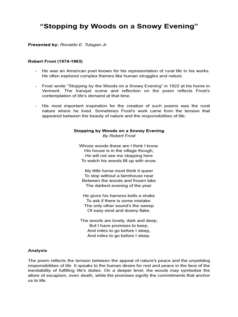 Stopping by Woods On A Snowy Evening | PDF | Poetry