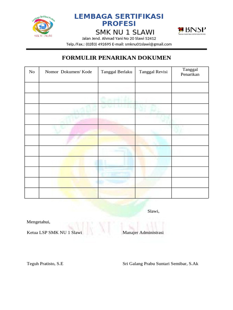 Formulir Penarikan Dokumen LSP SMK NU 1 | PDF
