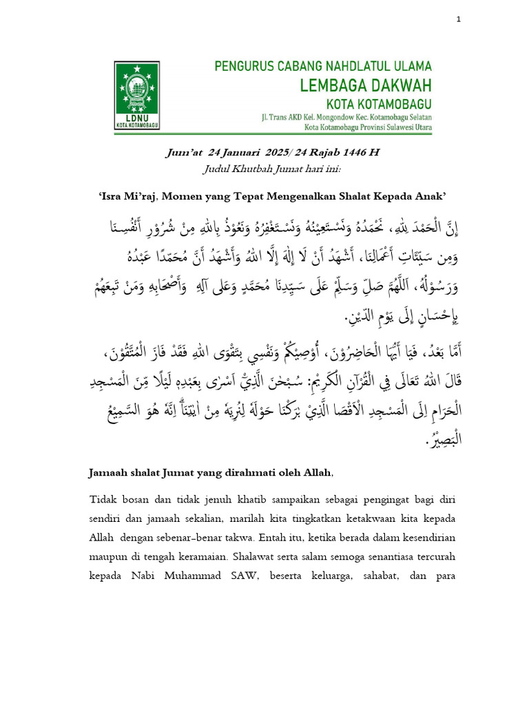 Naskah Khutbah LDNU PCNU Kotamobagu Jum'at 24 Januari 2025 | PDF