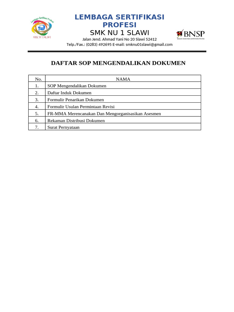 Daftar Sop Mengendalikan Dokumen | PDF