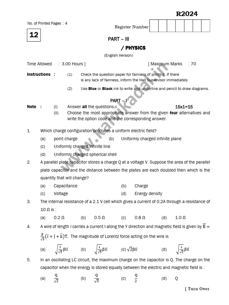 Physics Exam Question Paper R2024 | PDF | Transformer | Capacitor