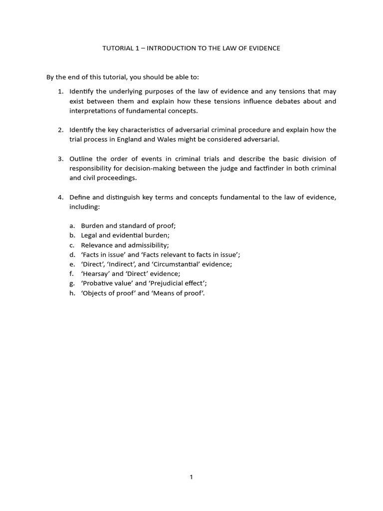 Tutorial_1_Law_of_Evidence_Introduction_to_The_Law_of_Evidence | PDF | Evidence (Law) | Burden ...