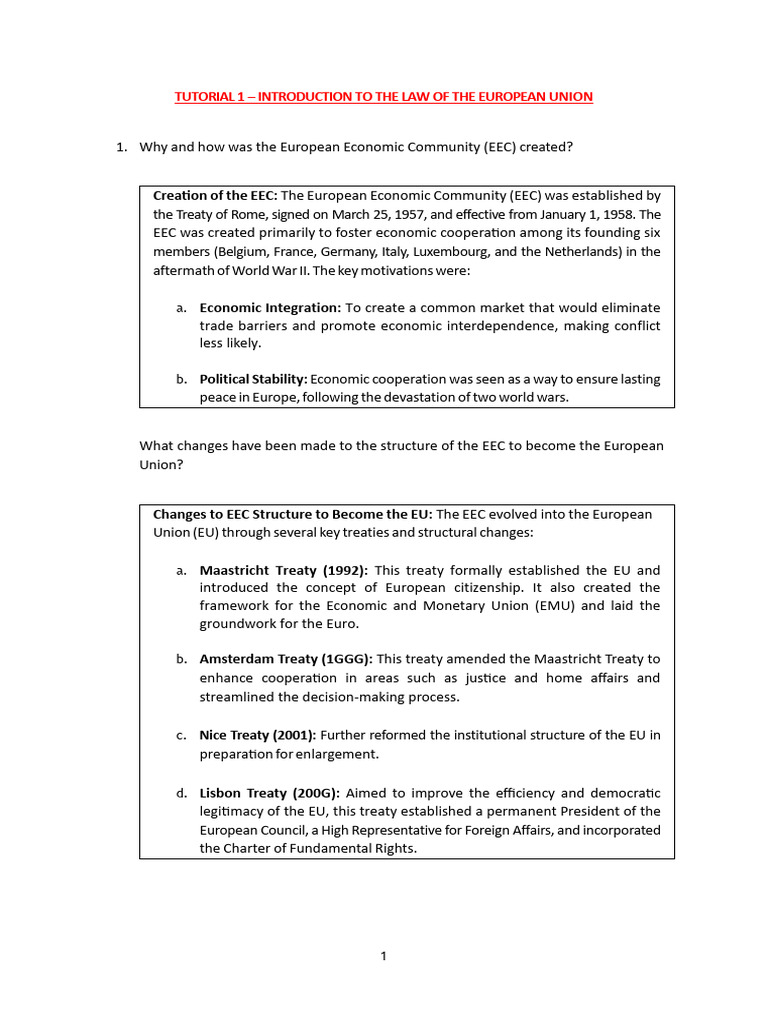 Tutorial 1 - Introduction to The Law of European Union | PDF | European Union | European Union Law
