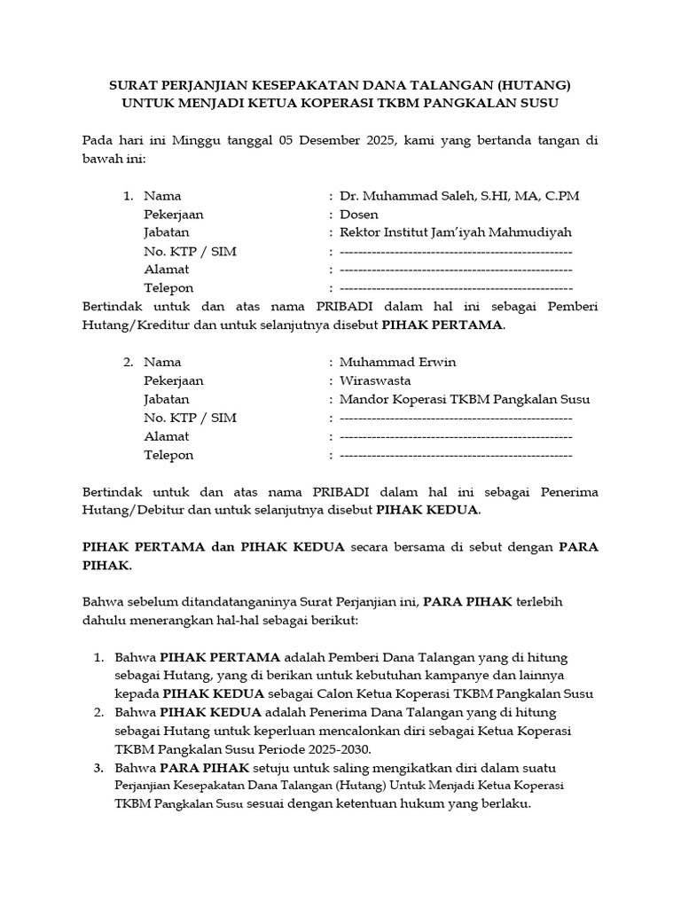 Surat Perjanjian Dana Talangan (HUTANG) Koperasi TKBM | PDF
