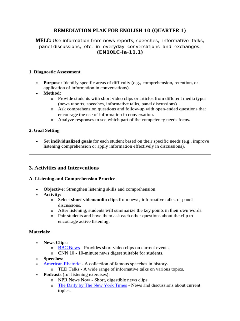 Remediation Plan For English 10 | PDF | News | Cognitive Science