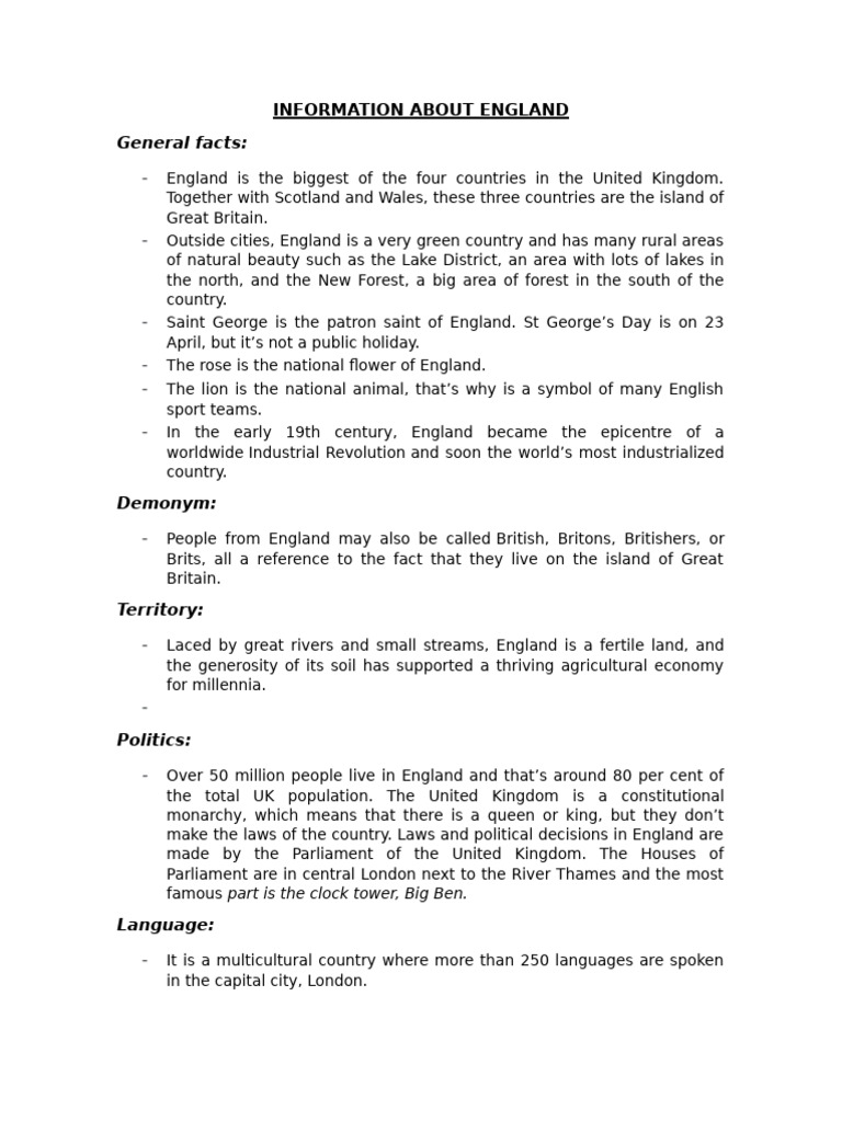Information About England | PDF | England | United Kingdom