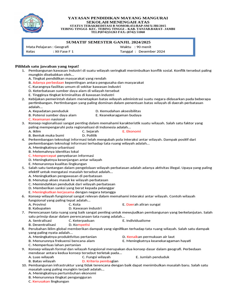6. KUMER SOAL Geo XII Fase F1 Ganjil 2024 (1) | PDF