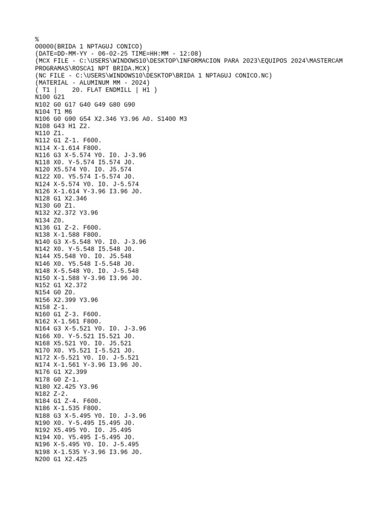 Programación CNC para Brida NPT Conica | PDF