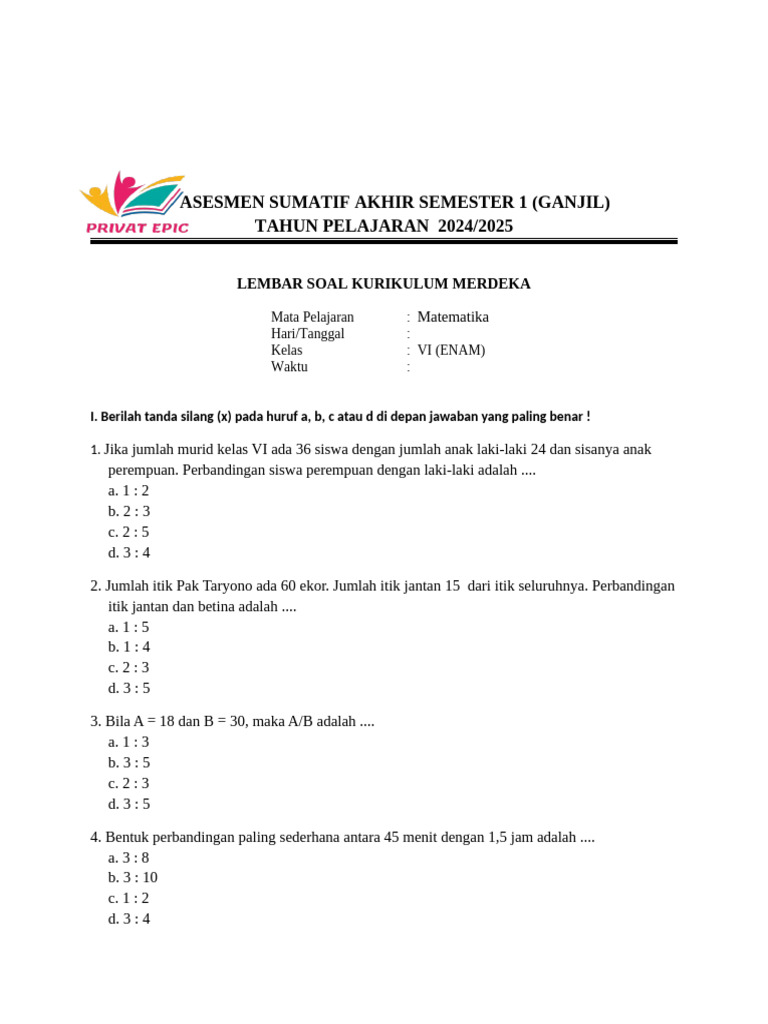 ASESMEN SUMATIF AKHIR SEMESTER 1 MTK Kls 6 | PDF