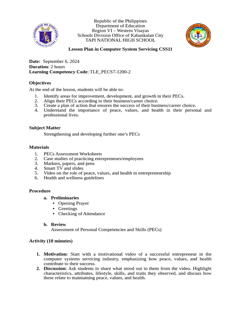 Strengthening and Developing Further One's PECs - Lesson Plan 1st ...