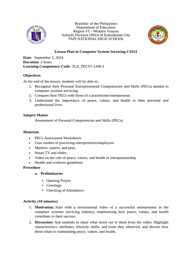 Computer Servicing PECs Lesson Plan | PDF | Entrepreneurship | Goal