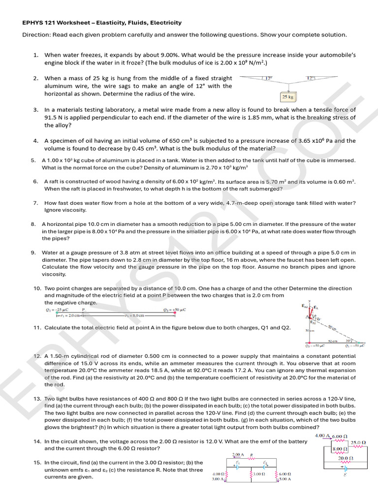 Lec Worksheet - Elasticity, Fluids, Electricity | PDF | Physical Sciences | Materials