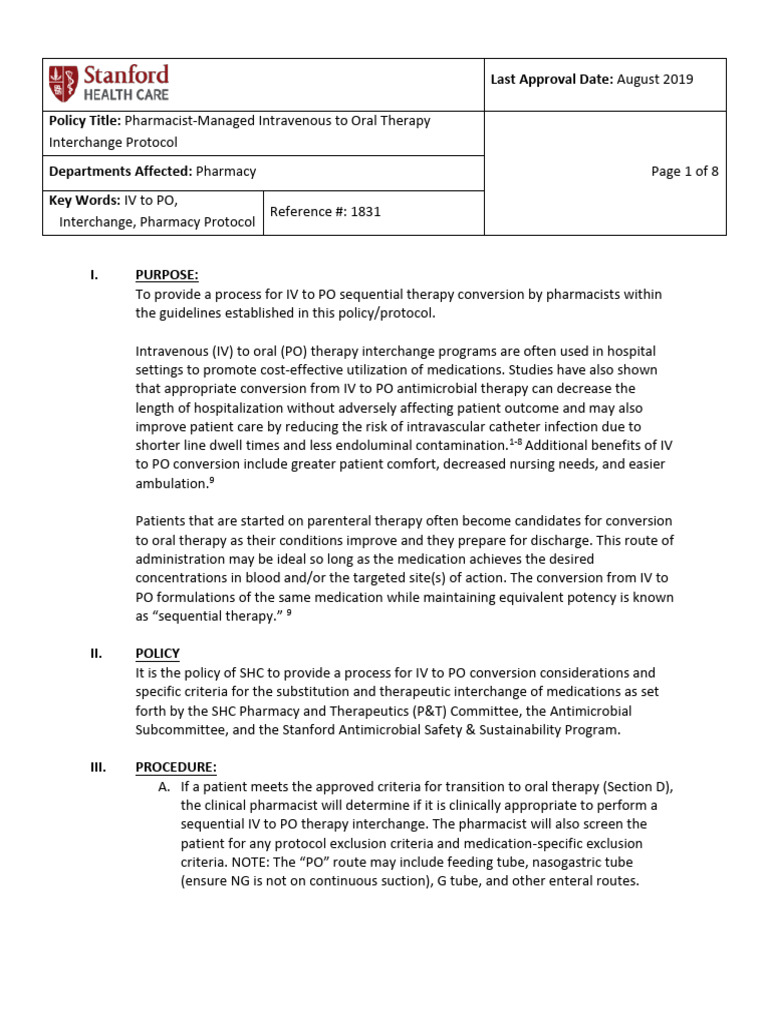 IV to PO Therapy Interchange Protocol | PDF | Pharmacist | Pharmacy