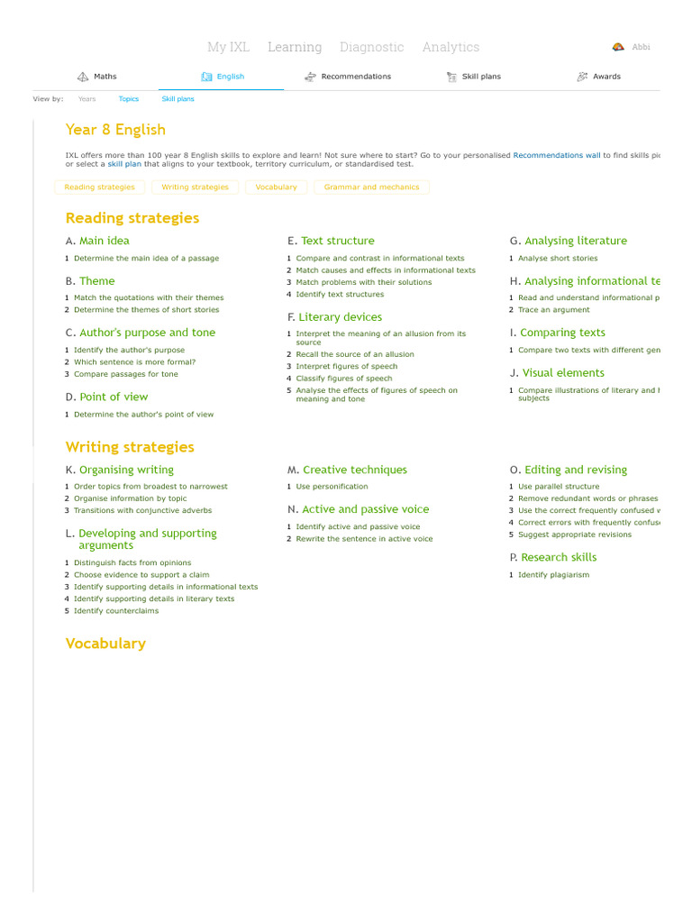 IXL - Year 8 English Practice | PDF | Verb | Subject (Grammar)