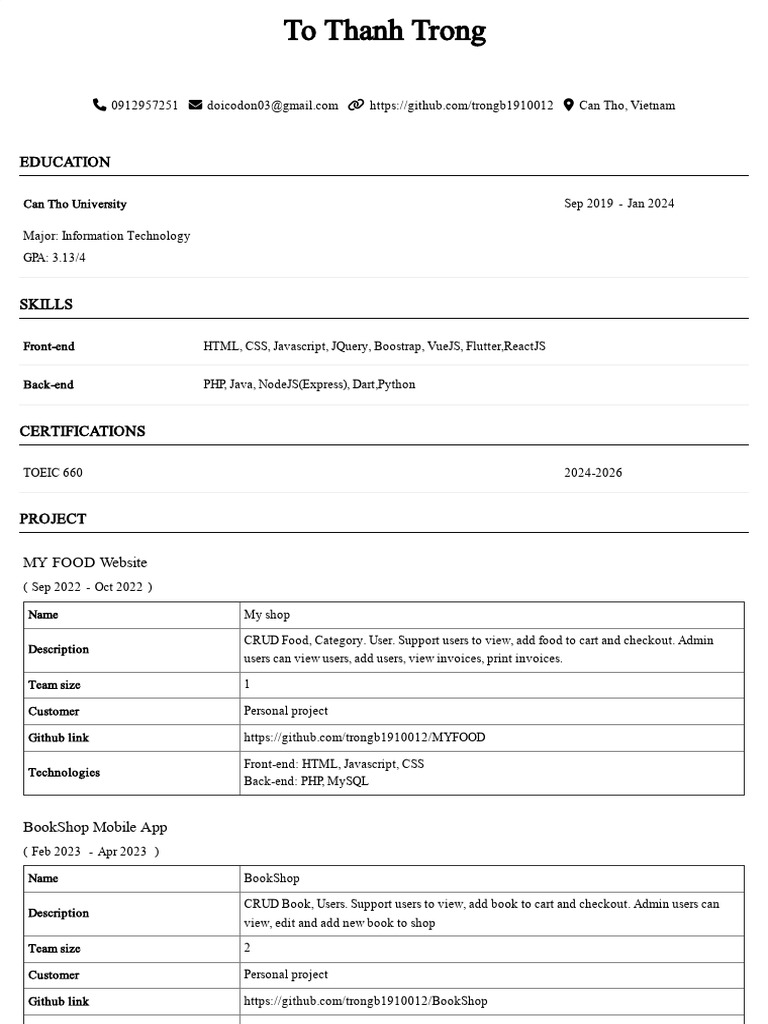 CV ToThanhTrong 022024 | PDF | Computer Programming | Software