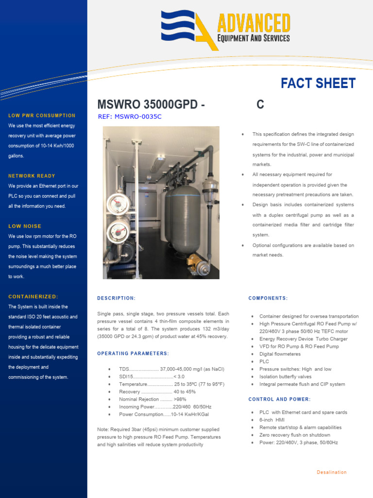 Swro Medium Desalination Containerized 35000 GPD Turbo Datasheet | PDF ...