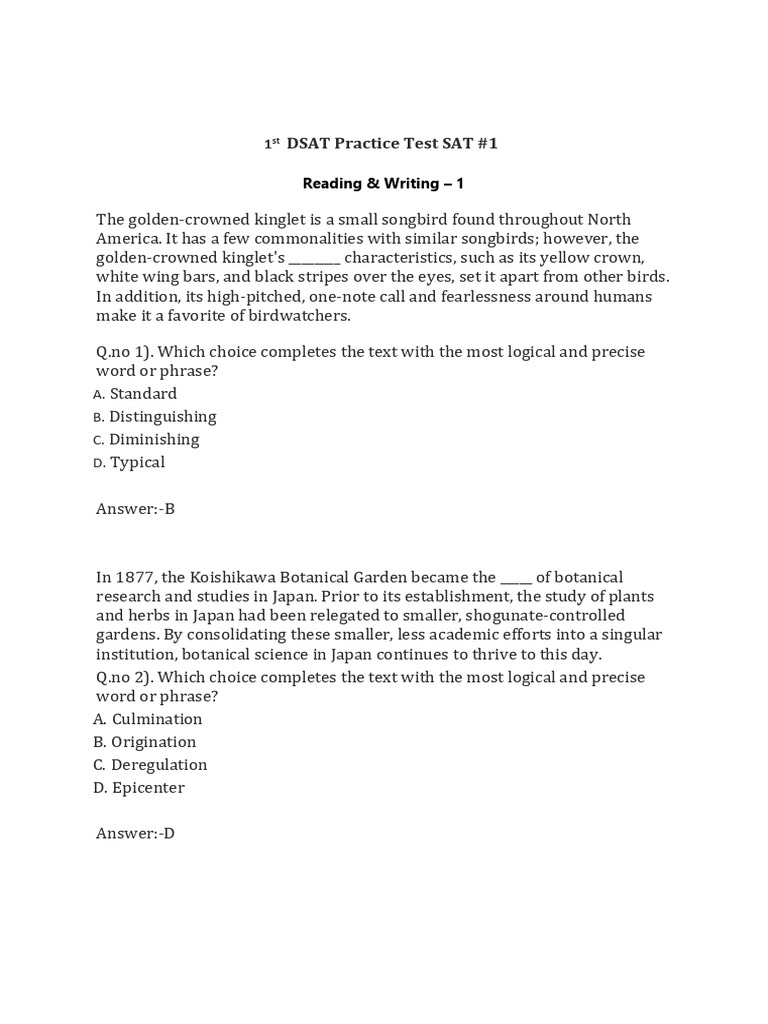 1st DSAT Test SAT #1 Reading-Writing and MATH With Answer Sheet | PDF ...