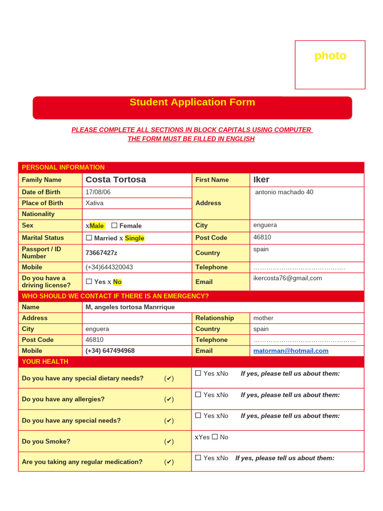 Application Form Nombre Apellido | PDF | Fluency