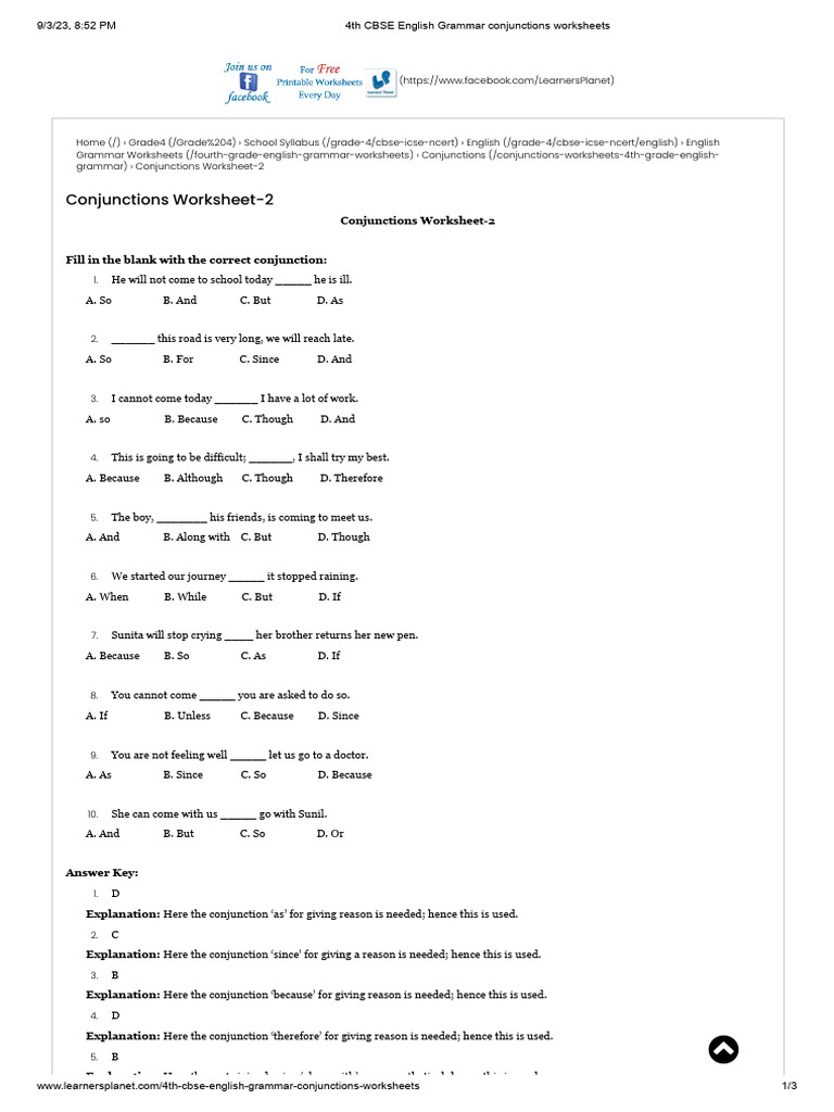 Class 4 Conjunctions Worksheet | PDF | Grammar | Syntactic Relationships