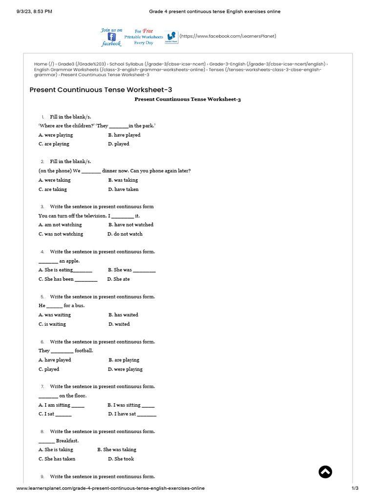 Grade 4 Present Continuous Tense English Exercises Online | PDF ...