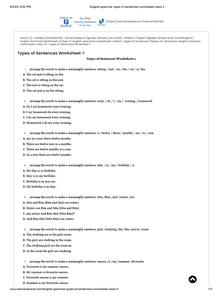 Class 4 Types of Sentences Worksheet | PDF | Subject (Grammar ...