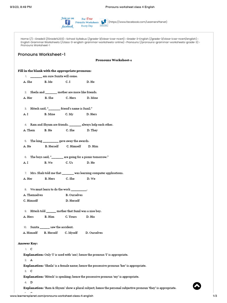 Class 4 Pronouns Worksheet | PDF | Linguistic Morphology | Grammatical ...