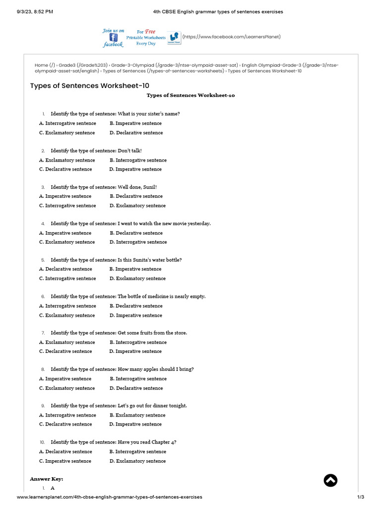 4th CBSE English Grammar Types of Sentences Exercises | PDF | Sentence ...
