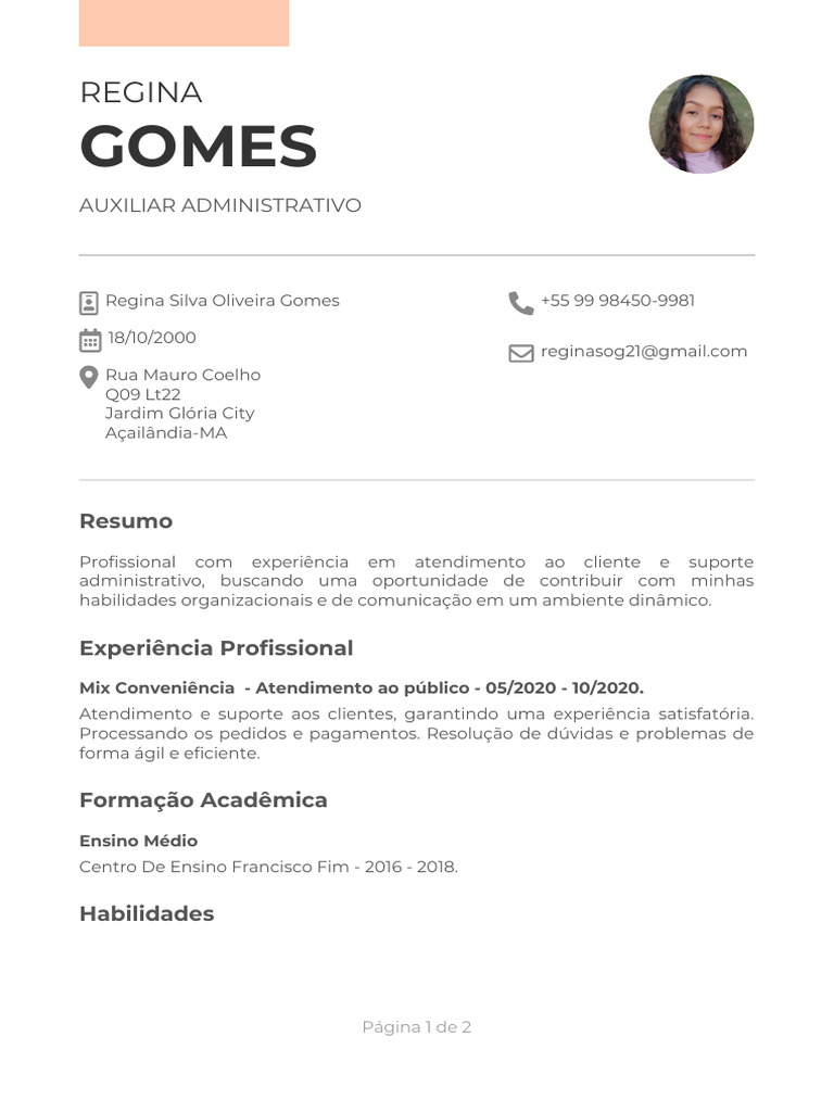 Currículo de Regina Gomes - Auxiliar Administrativo | PDF