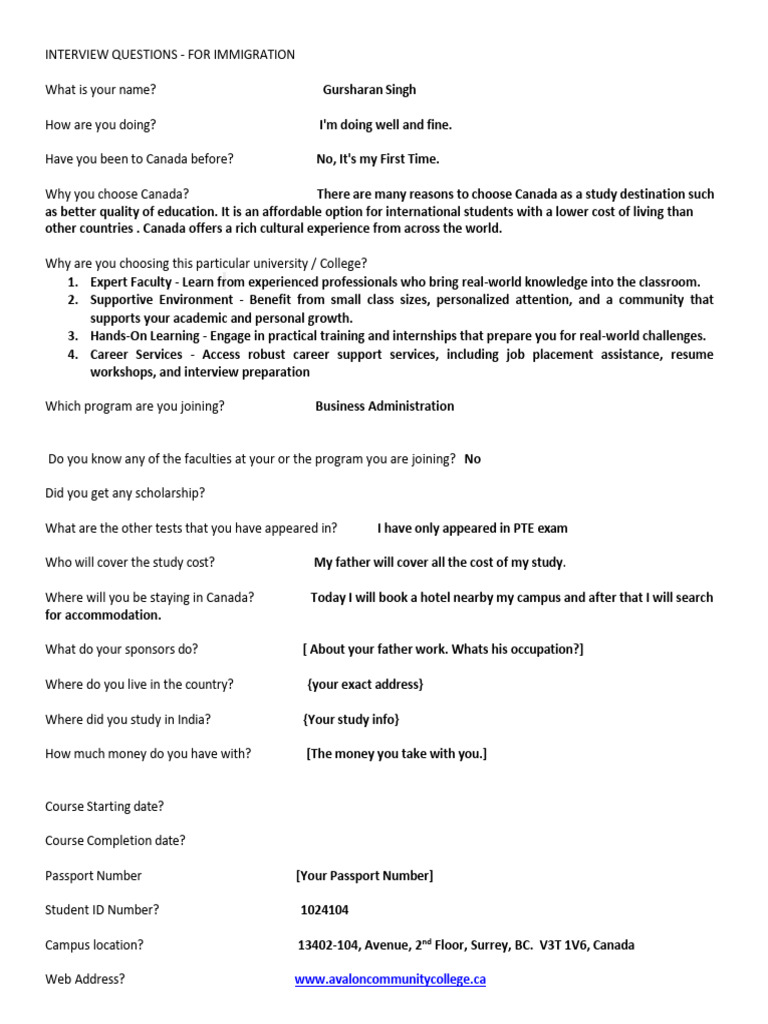 Immigration Interview Questions Guide | PDF | Cost Of Living