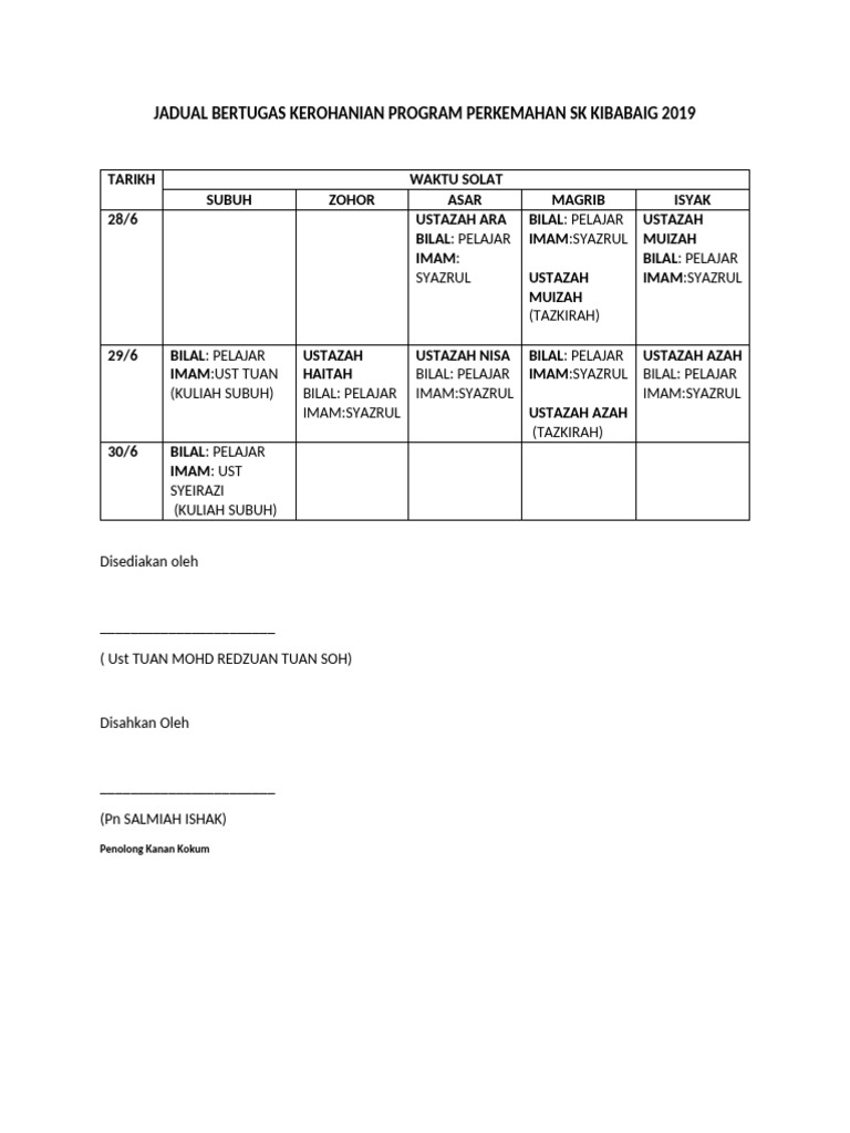 Jadual Bertugas Kerohanian | PDF