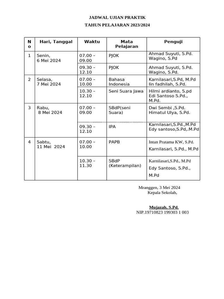 Jadwal Ujian Praktik 2023-2024 | PDF