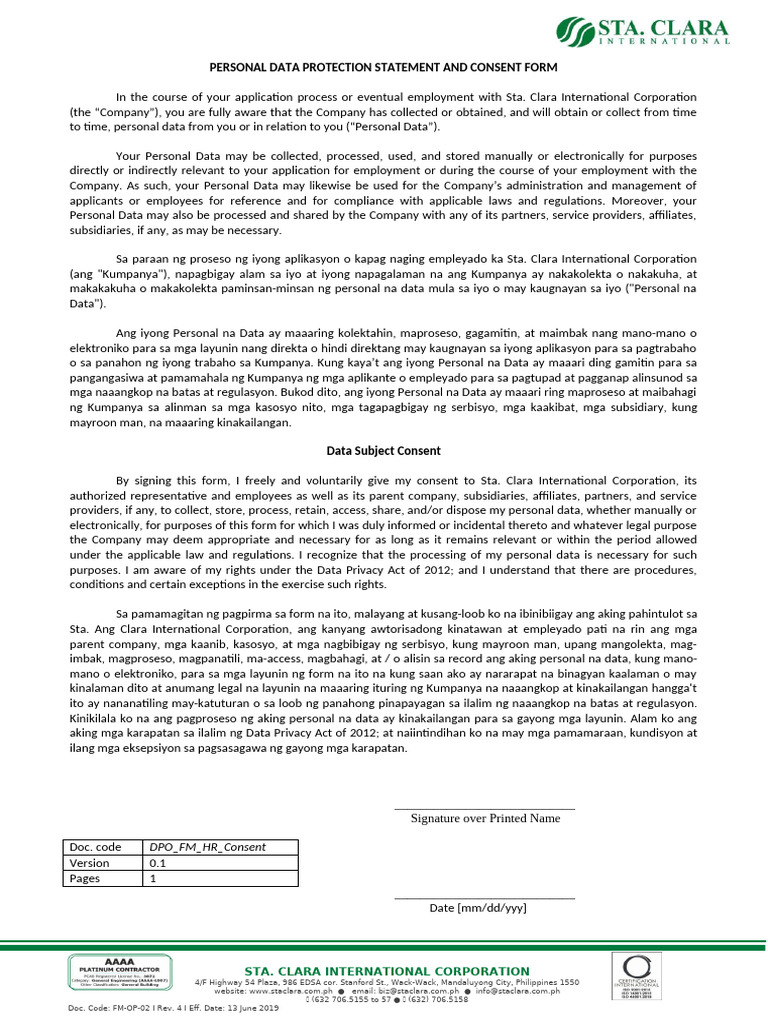 PERSONAL DATA PROTECTION STATEMENT | PDF