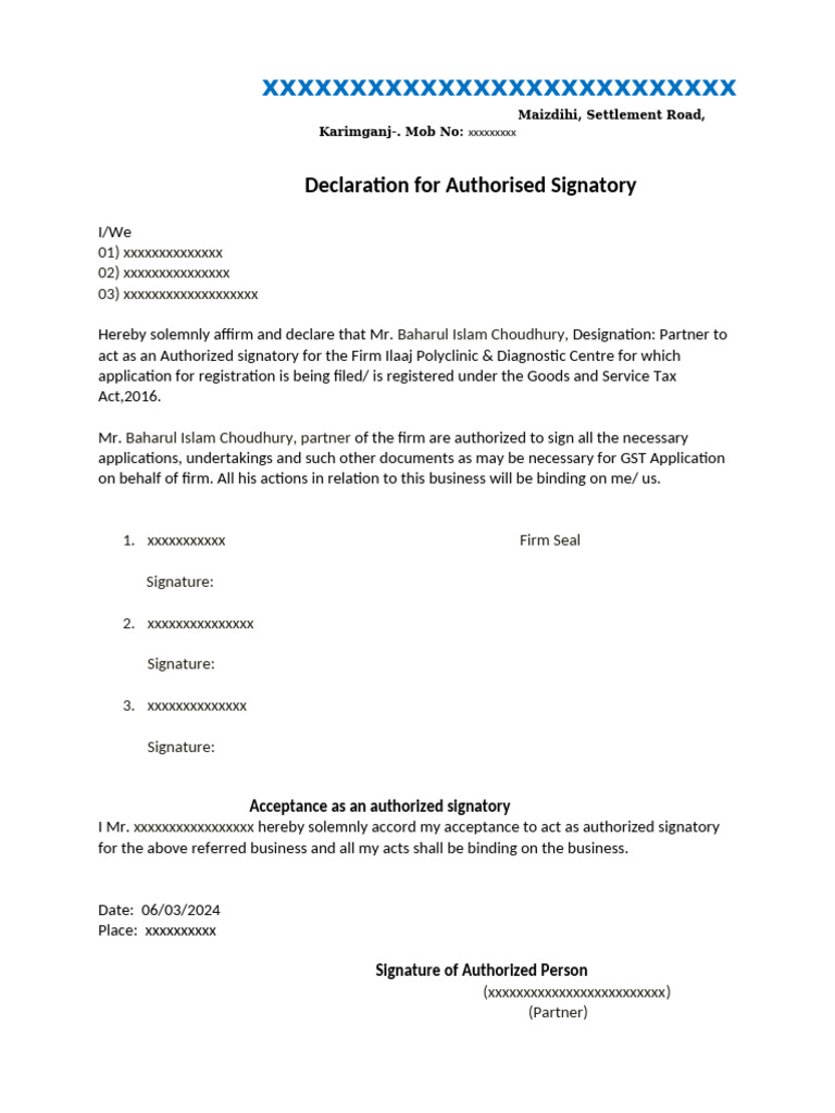 Authorized Signatory Declaration for GST | PDF