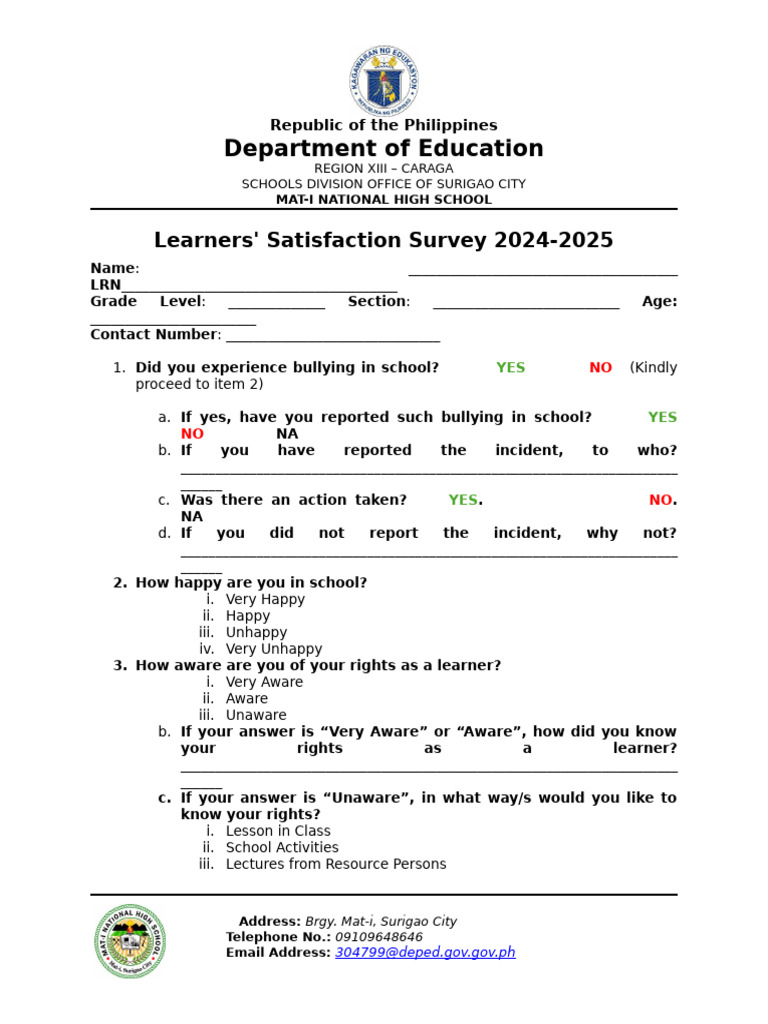 Learners' Satisfaction Survey 2024-2025 | PDF