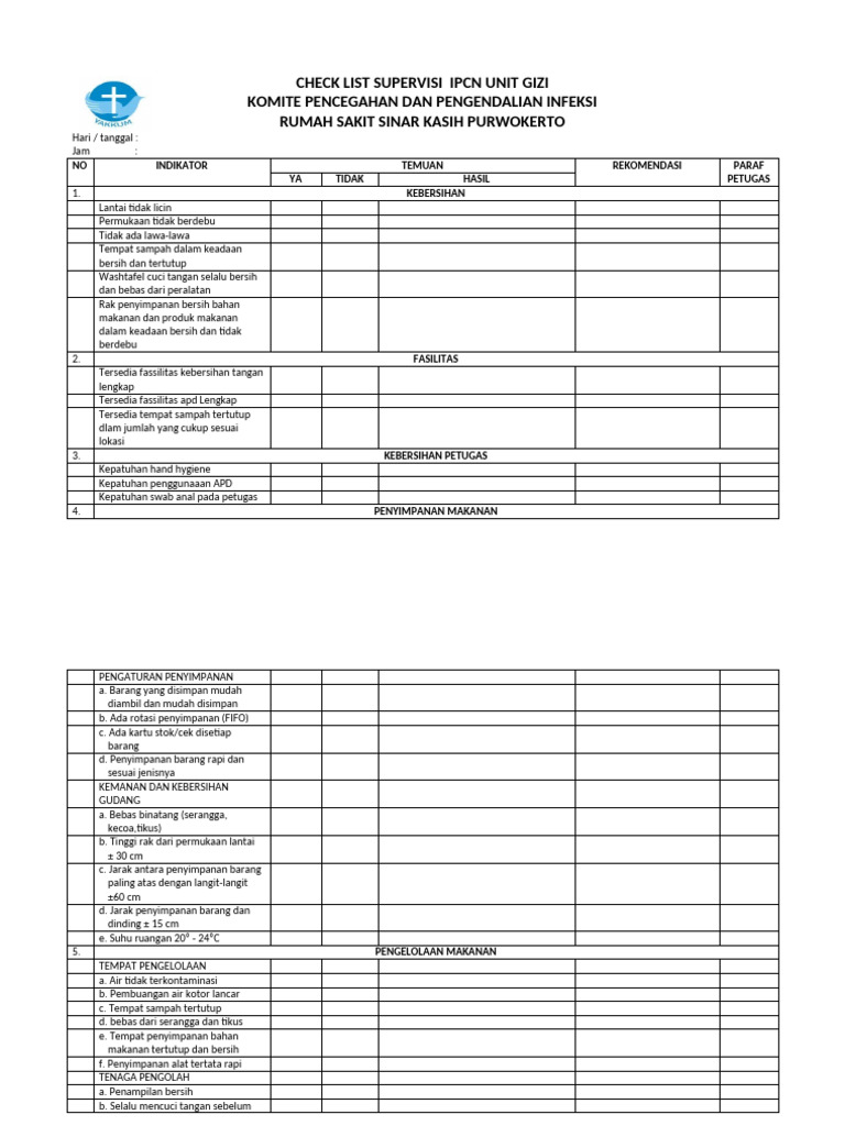 Check List Supervisi Ipcn Unit Gizi | PDF